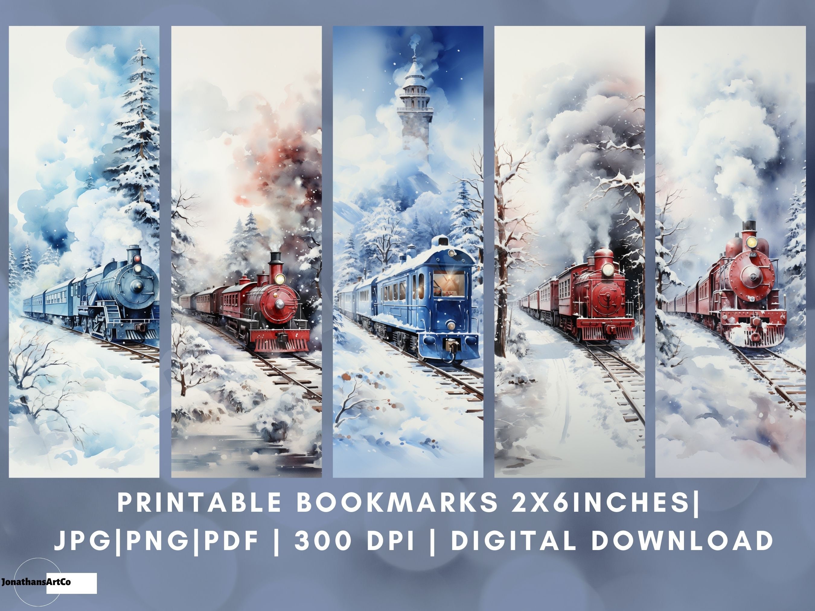 20 Watercolor Winter Train Printable Bookmarks PNG/JPG/PDF, Print and ...
