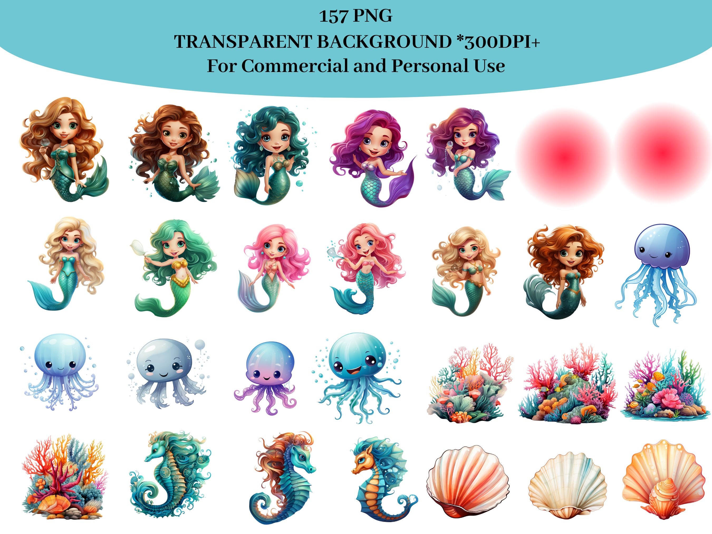 157 Cute Mermaid Clipart Bundle, Mermaid PNG and Ocean Animals for ...