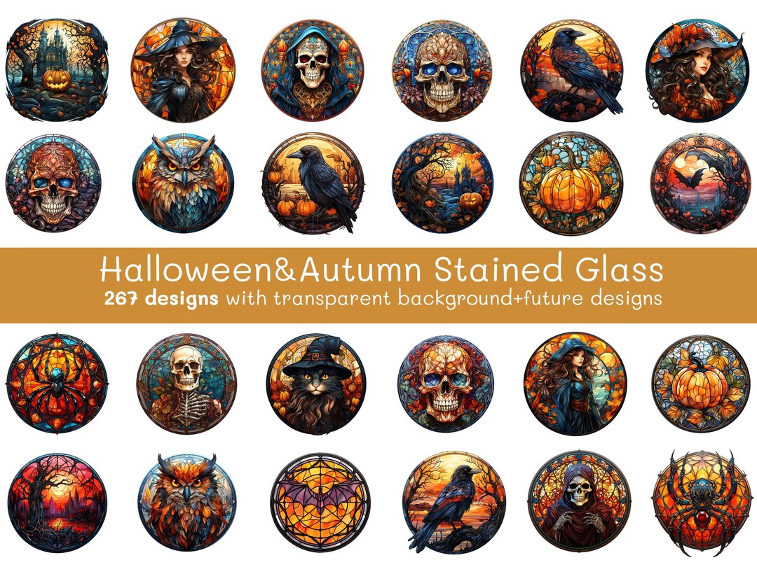 267 Halloween Stained Glass Clipart Bundle, High Resolution PNG Files ...
