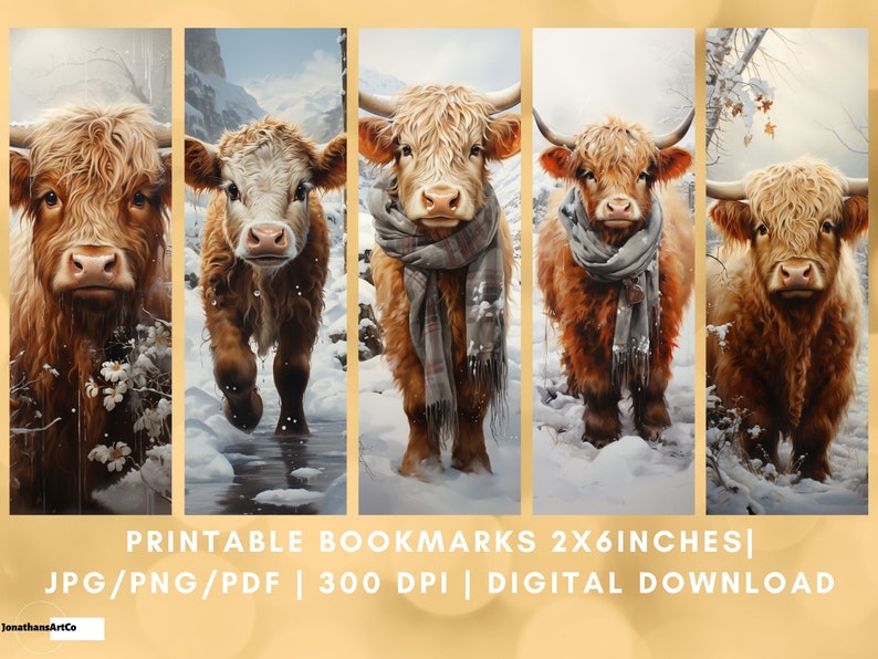 10 Winter Highland Cow Printable Bookmarks, Cute Designs in PNG/JPG/PDF ...