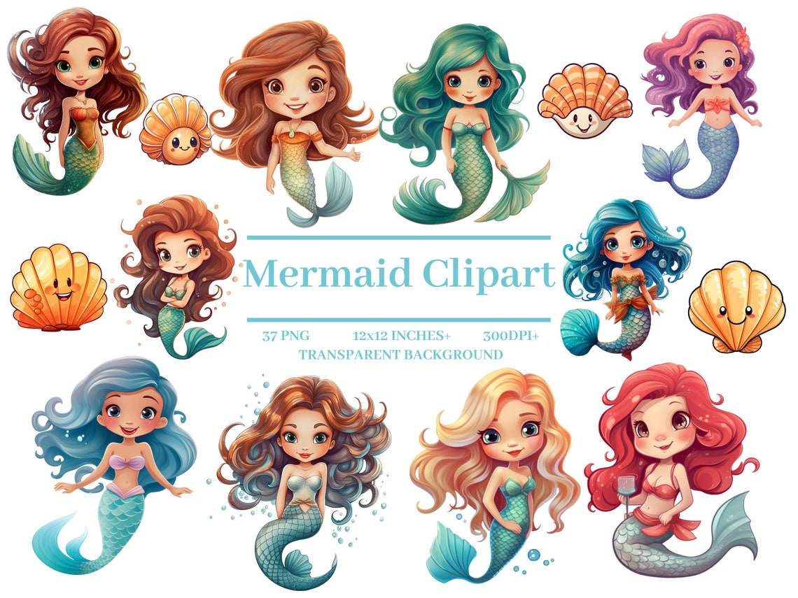 Mermaid Clipart, Cute Mermaid PNG, Underwater Clipart Instant Download ...