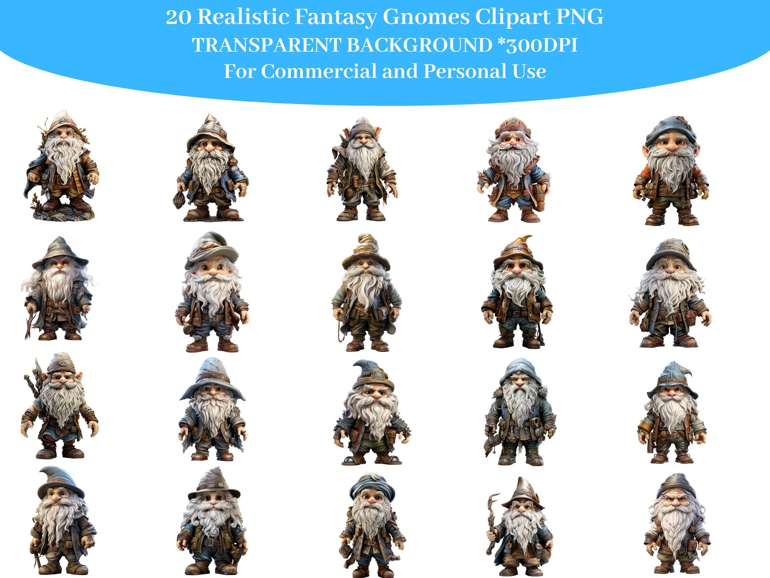 Realistic Fantasy Gnome Clipart Bundle PNG, Whimsical Garden Gnomes for ...