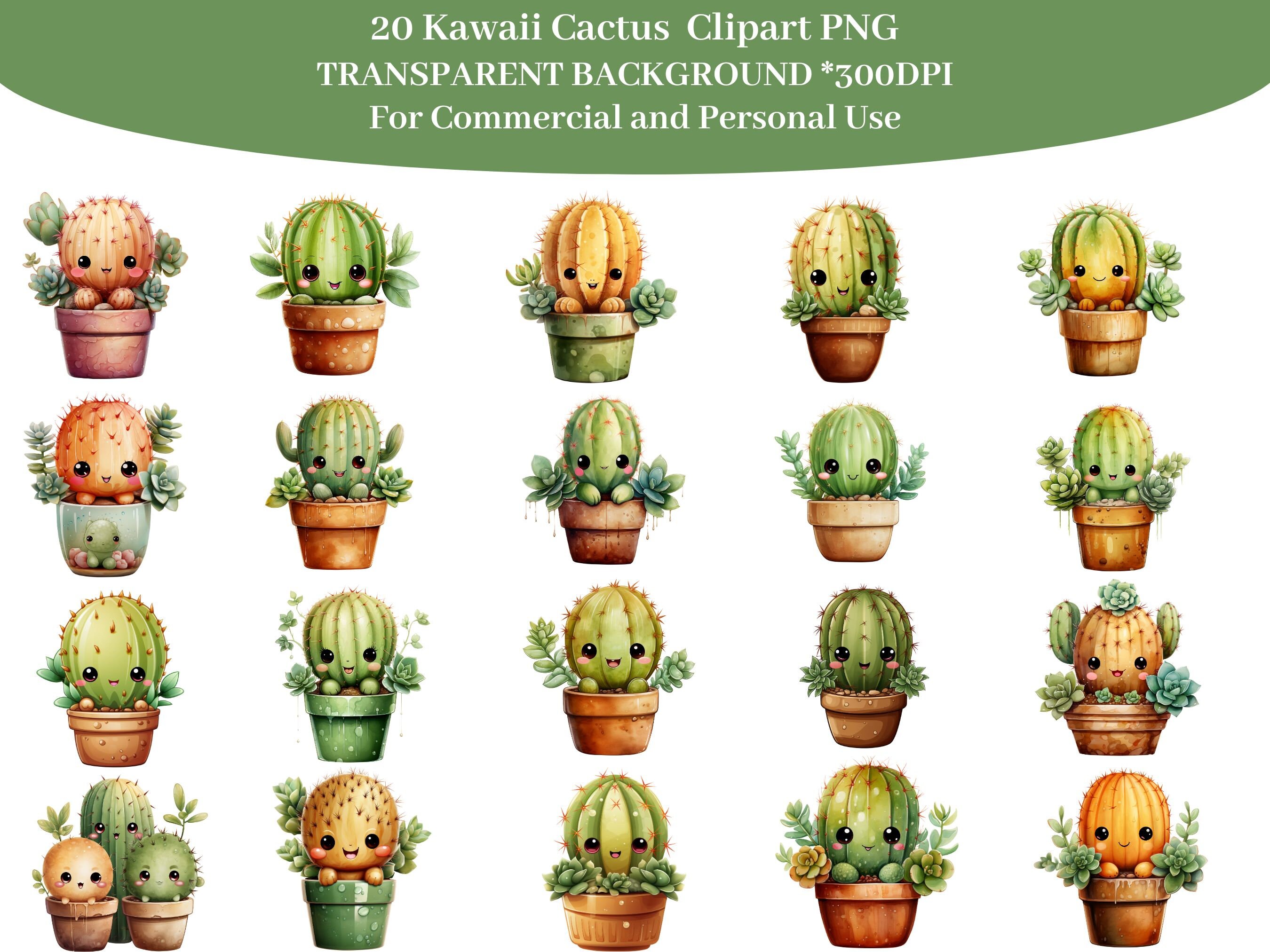 Cute Kawaii Cactus Clipart Bundle, Cactus PNG for Commercial Use ...