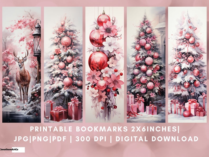 20 Cute Pink Watercolor Christmas Printable Bookmarks, Winter Art PNG ...