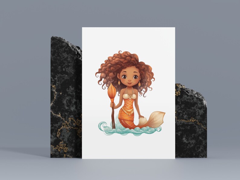 Cute Watercolor Black Mermaid Clipart Bundle PNG+JPG, Under the Sea Art ...