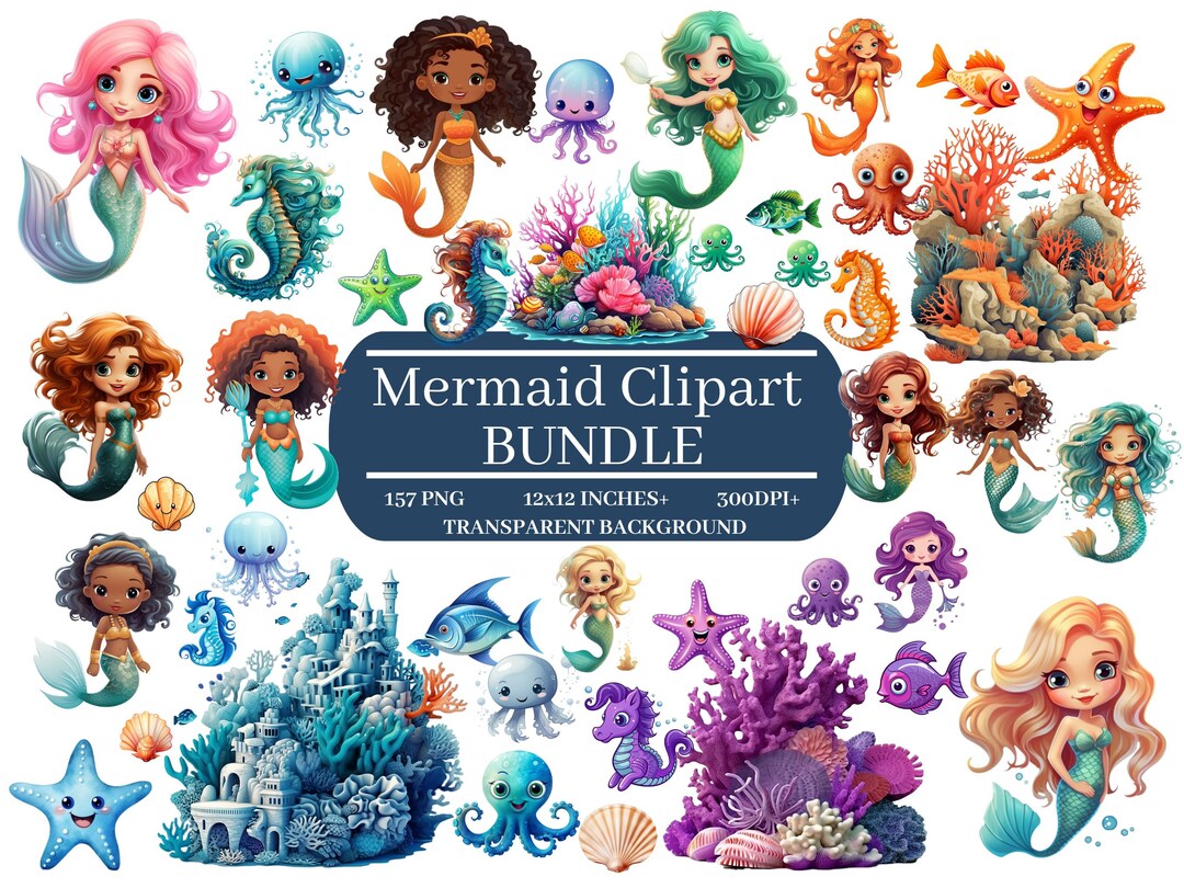 157 Cute Mermaid Clipart Bundle, Mermaid PNG and Ocean Animals for ...