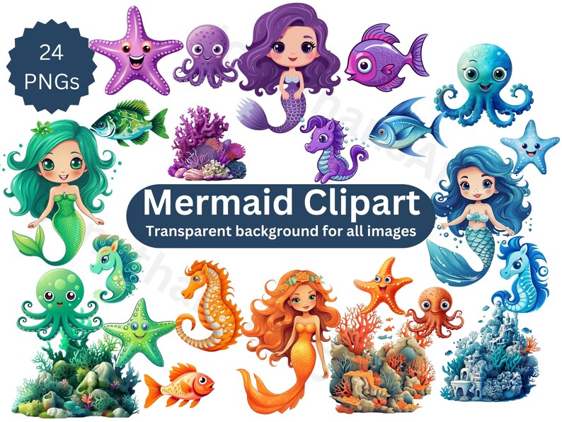 Cute Mermaid Clipart, Mermaid PNG, Ocean Animals, Fantasy Designs for ...