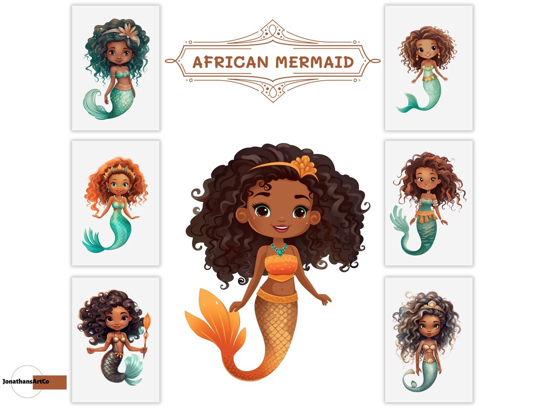 Cute Watercolor Black Mermaid Clipart Bundle PNG+JPG, Under the Sea Art ...