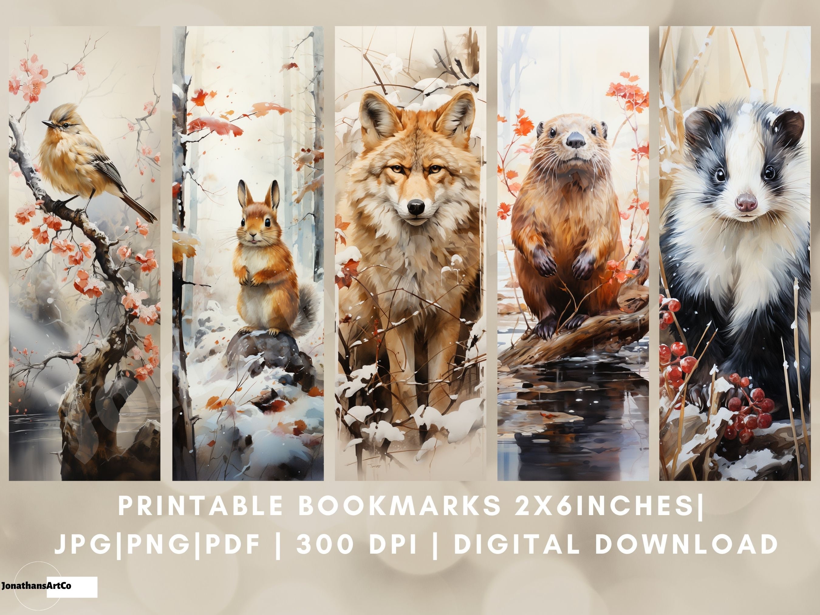 20 Watercolor Woodland Animals Winter Printable Bookmarks, Digital ...