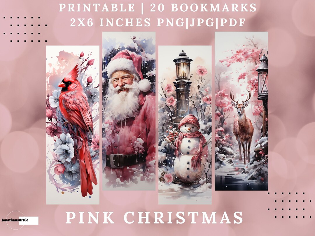 20 Cute Pink Watercolor Christmas Printable Bookmarks, Winter Art PNG ...