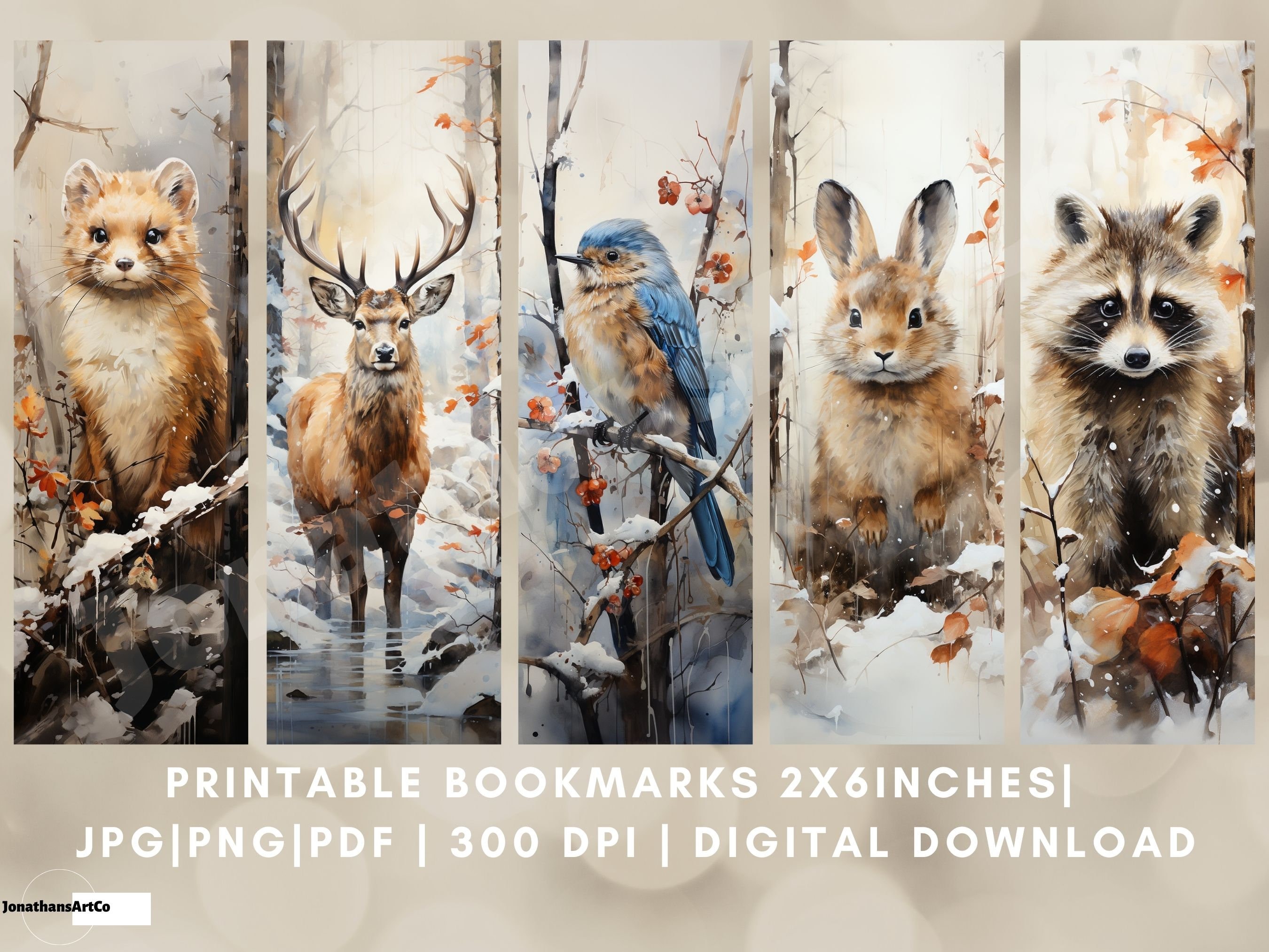 20 Watercolor Woodland Animals Winter Printable Bookmarks, Digital ...