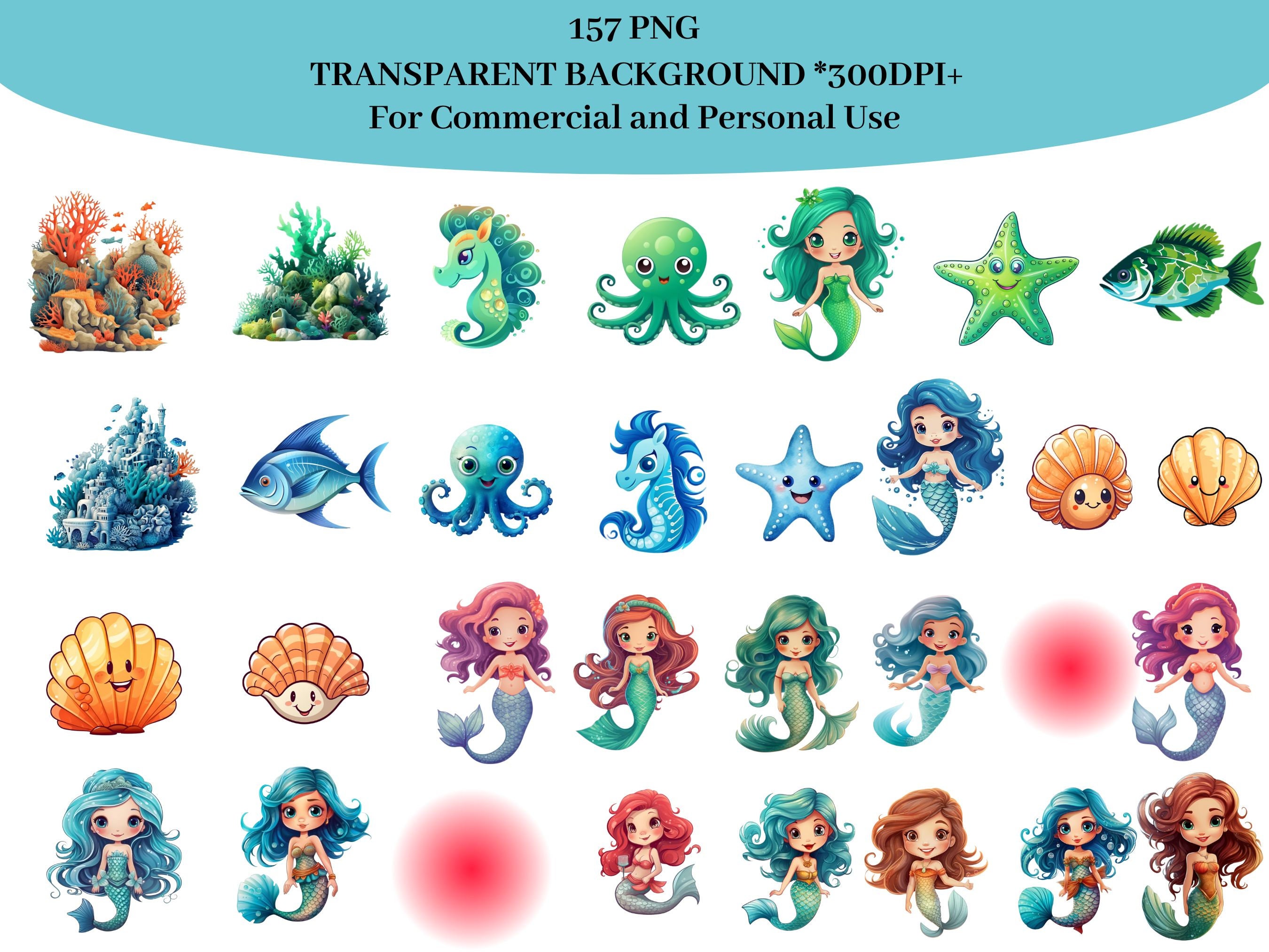 157 Cute Mermaid Clipart Bundle, Mermaid PNG and Ocean Animals for ...