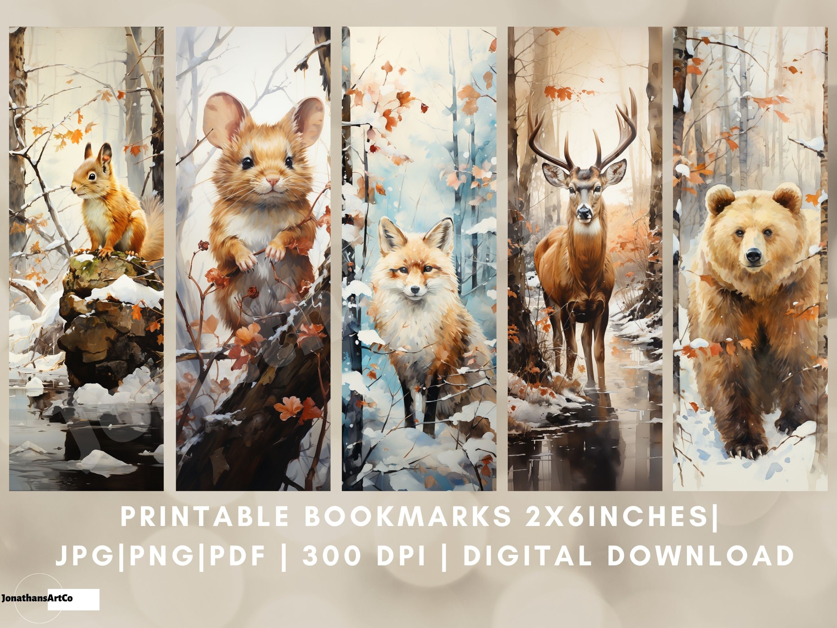 20 Watercolor Woodland Animals Winter Printable Bookmarks, Digital ...