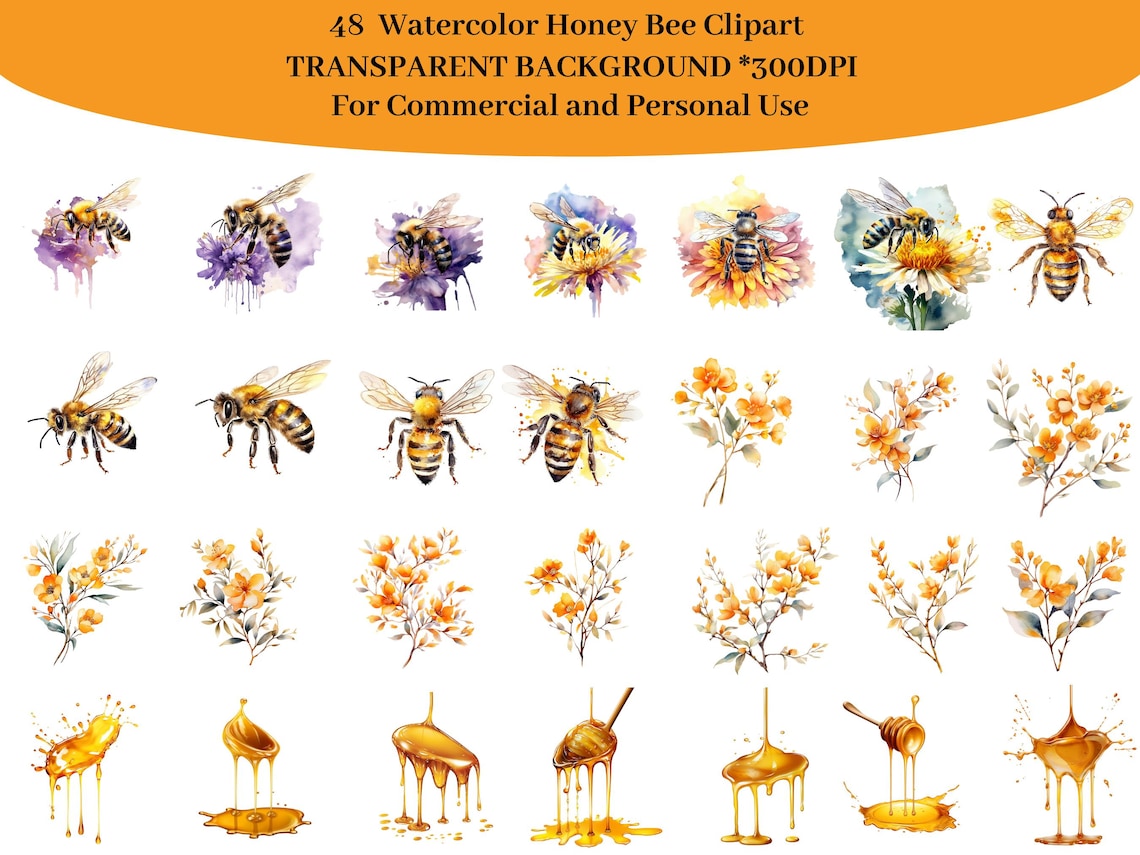 Watercolor Honey Bee Clipart Bundle,48 PNG Images of Floral Spring ...
