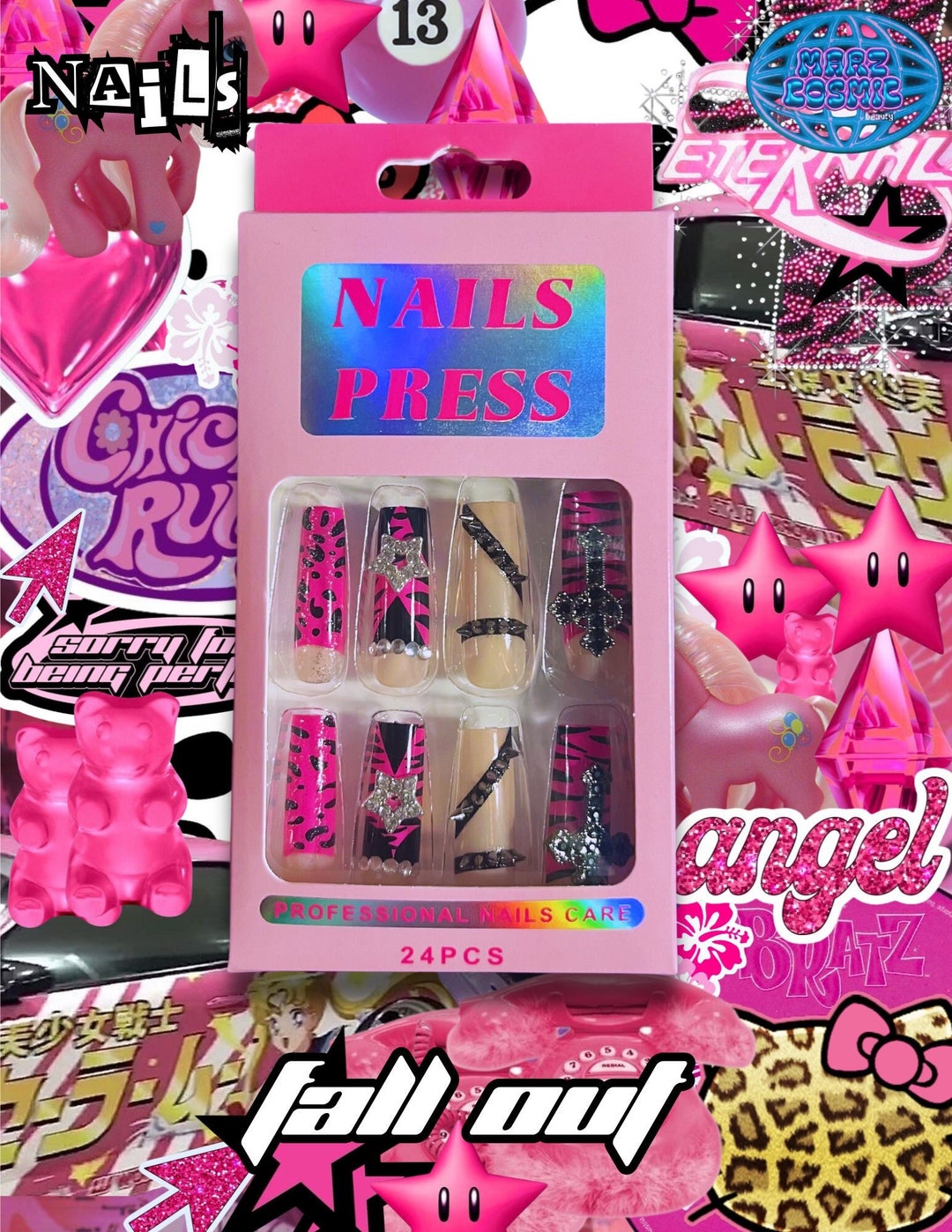 Fall Out 24 Pcsvarious Y2k Nails Nails Press On Mcbling Nails Long ...