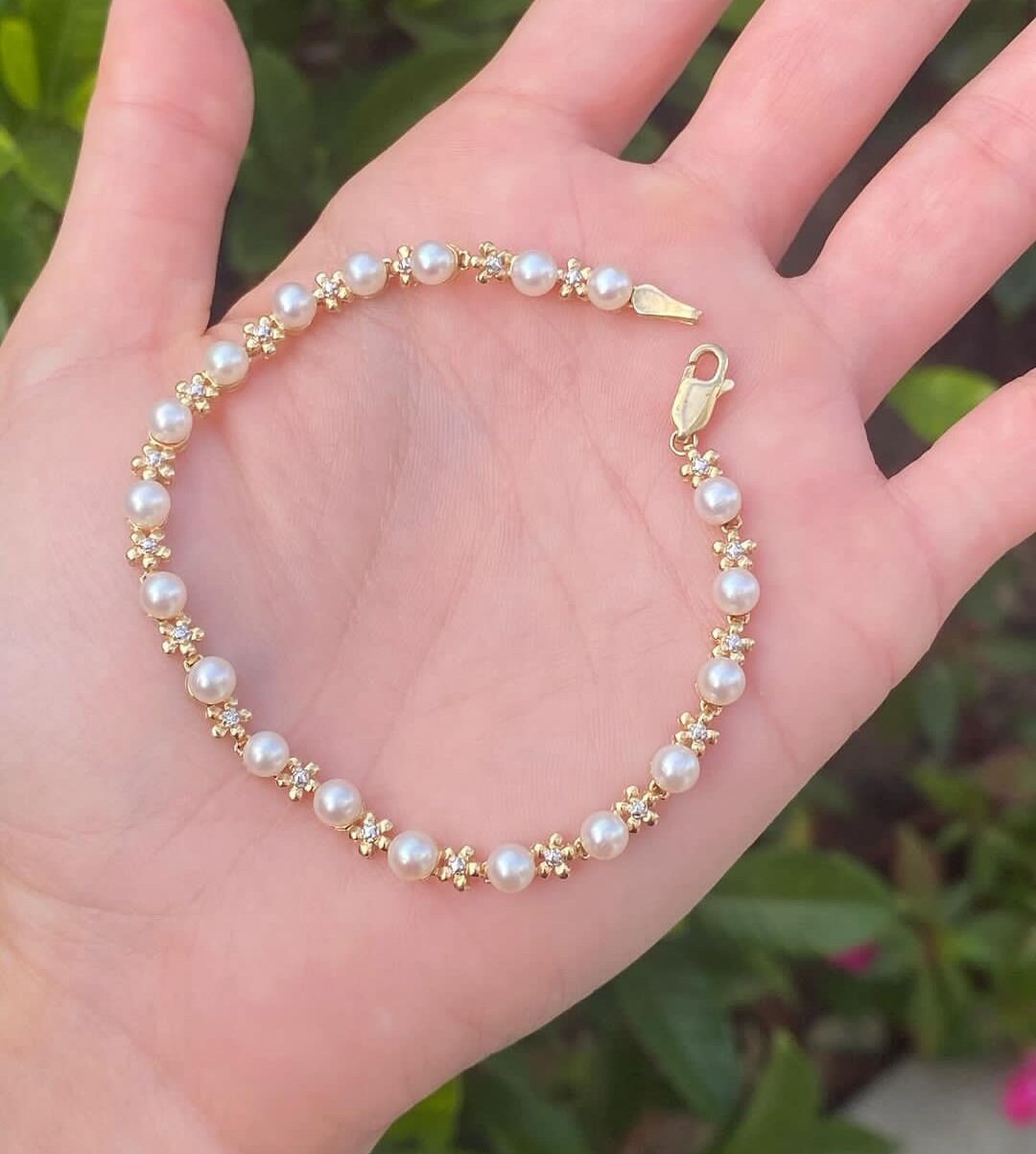 14k Freshwater Pearl Two Tone Flower Bracelet , Celebrity Choice ...