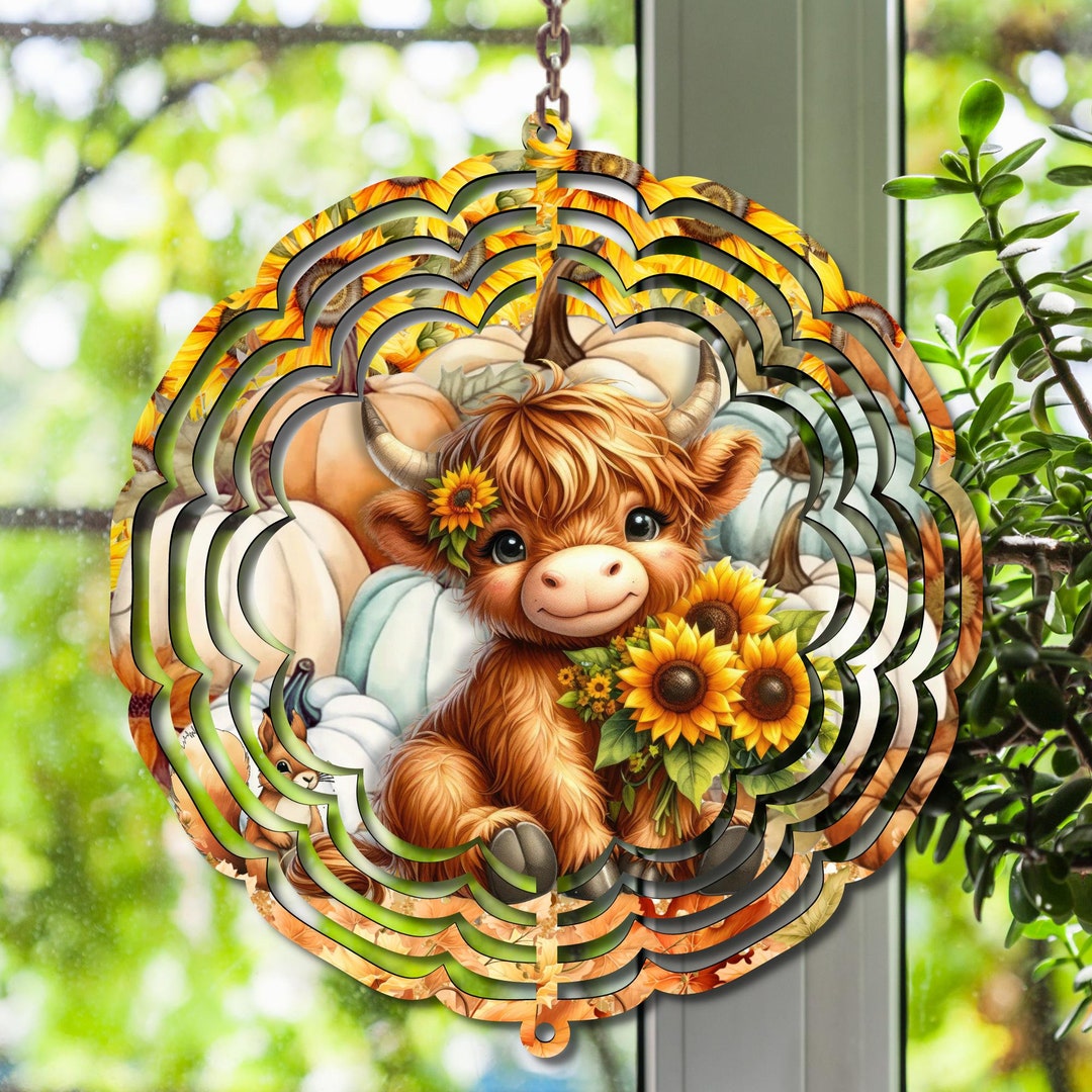 Fall Season Cute Highland Cow With Pumpkins Wind Spinner Design ...