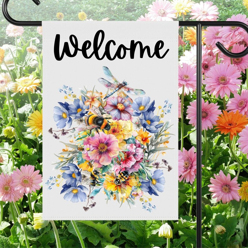 Bumblebee Floral Welcome Garden Flag PNG 12x18 Floral Yard Flag Digital ...