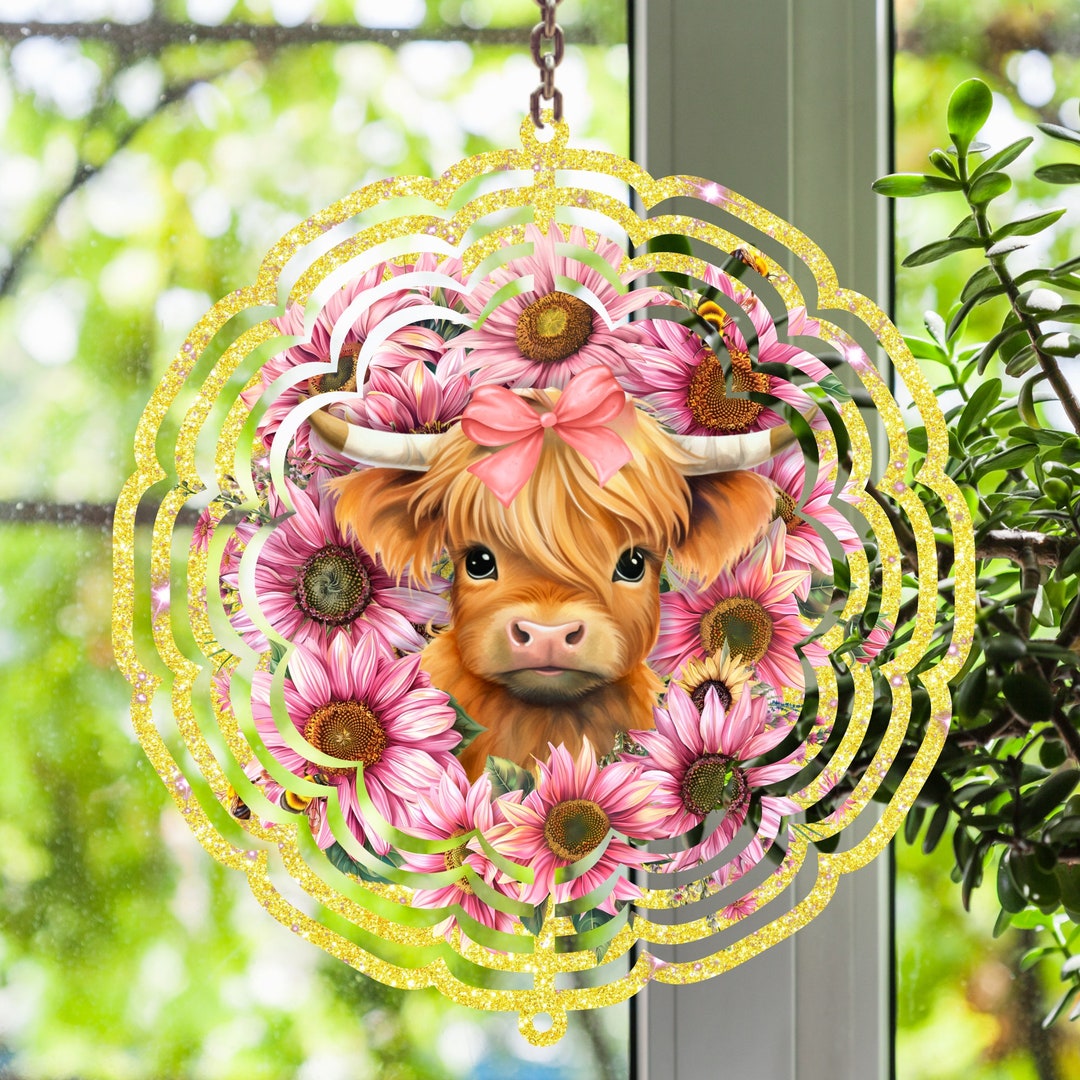 Highlander Cow Wind Spinner Design Pink Sunflower Scottish Cow ...