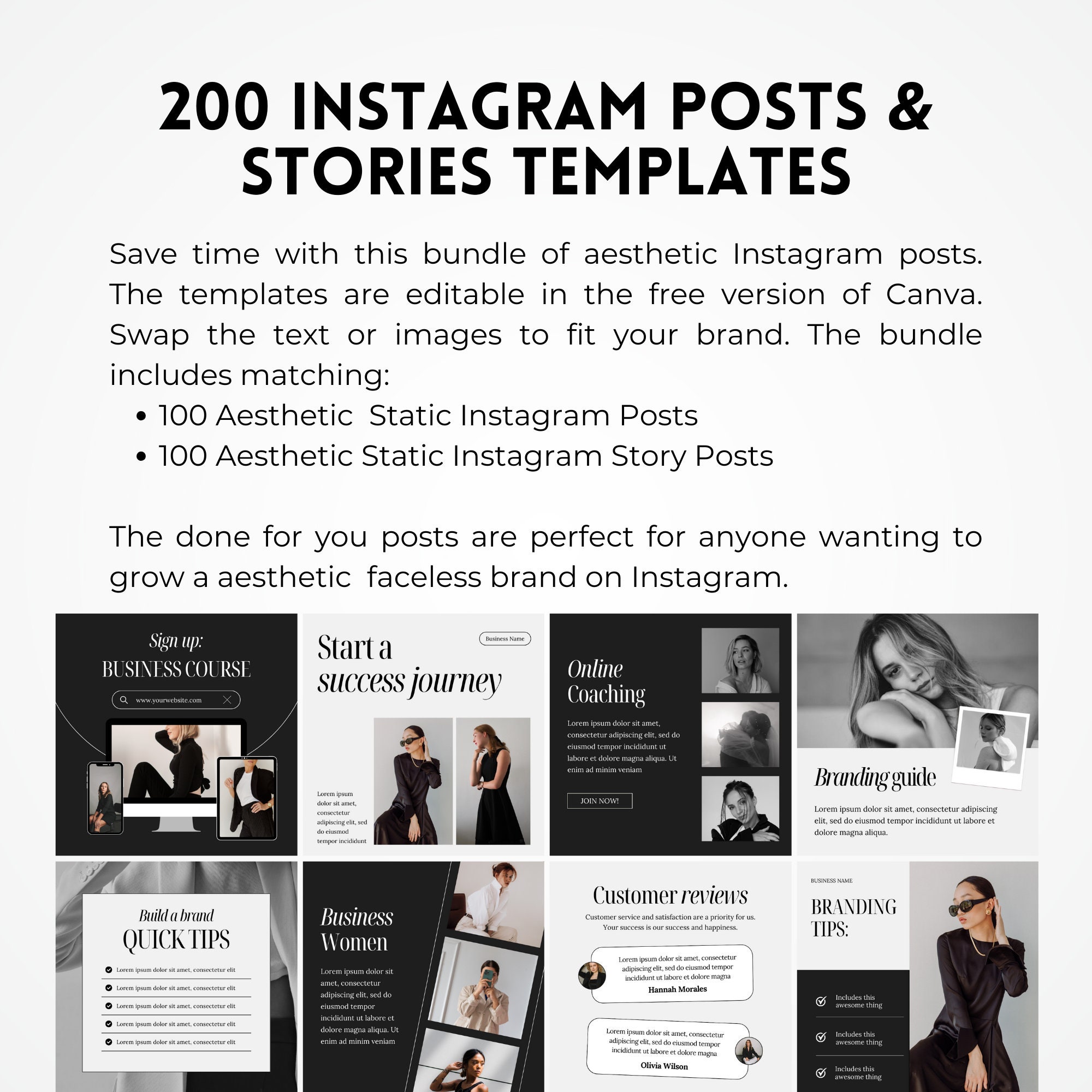 200 Instagram Posts & Stories Templates: Editable Canva Social Media ...