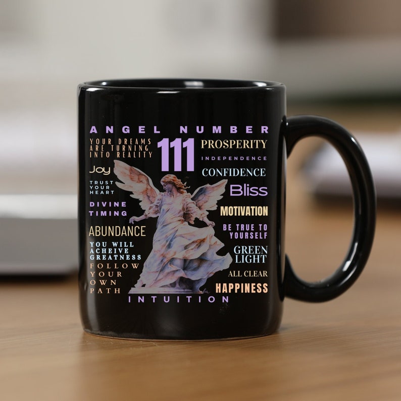 111, Angel Number 111, Angel 111, Angel Numbers, Black Coffee Mug ...