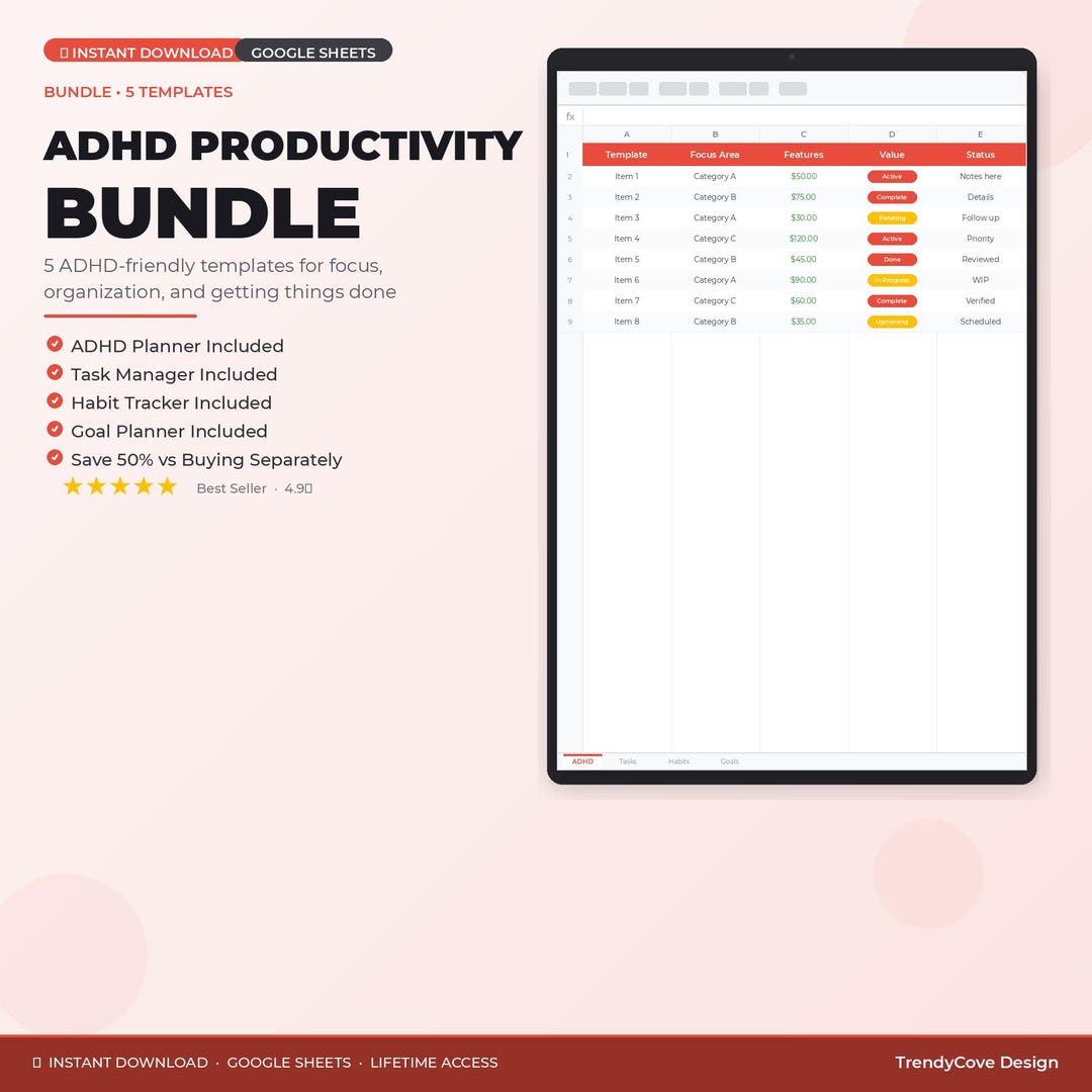 ADHD Productivity Bundle, Google Sheets Planner, Focus, Habits (digital ...