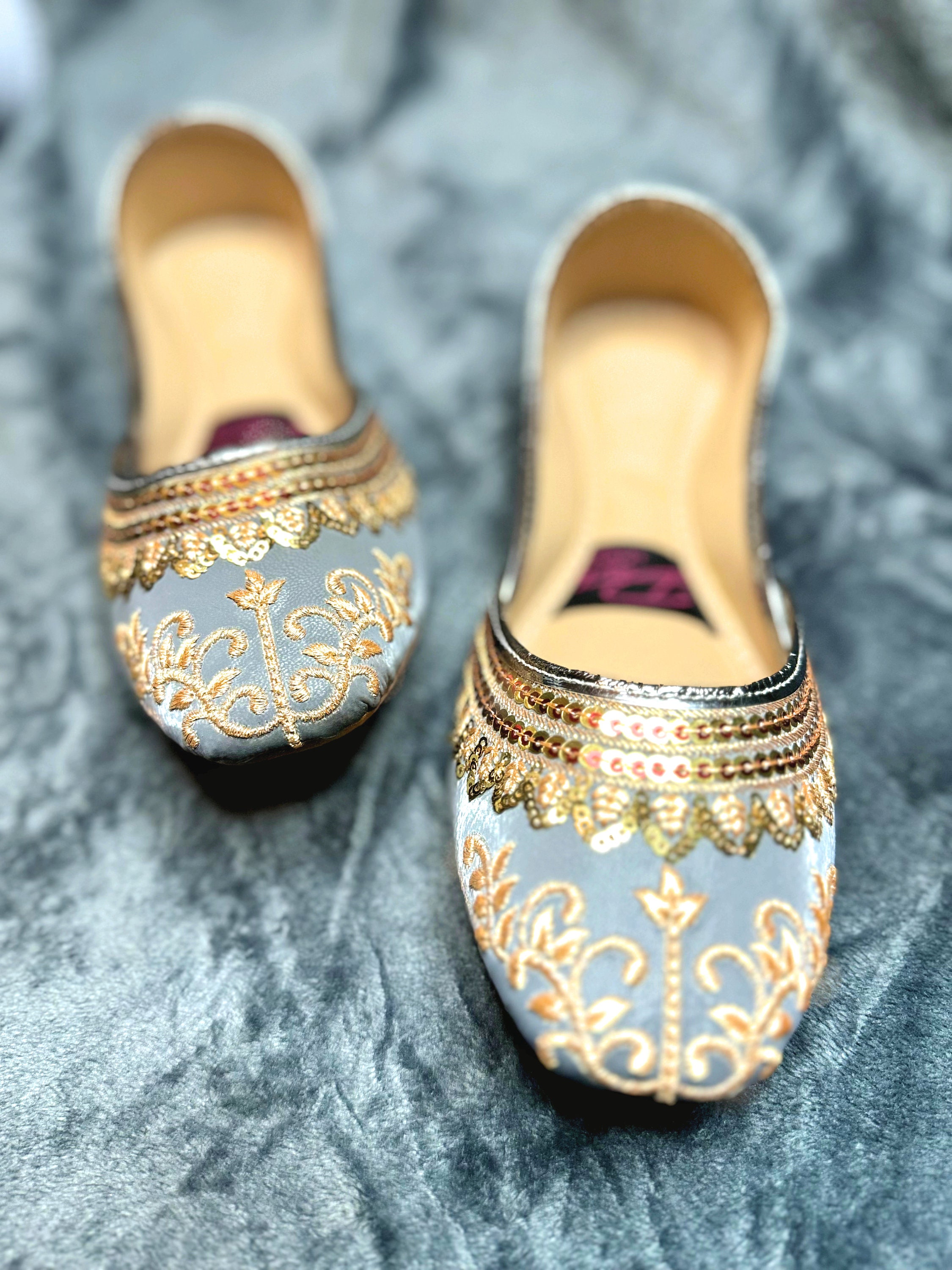 Handmade Ladies Grey Gold Floral Sequin Khussa Jutti | Indian Pakistani ...