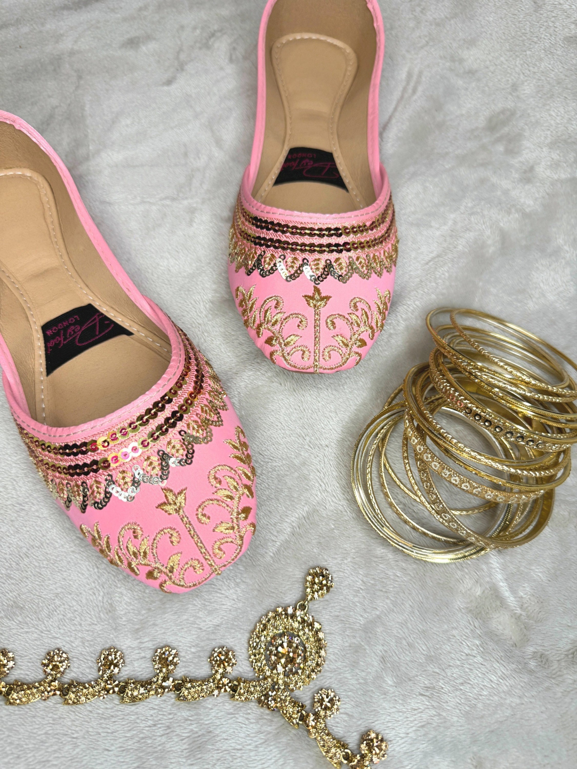 Handmade Ladies Pink Gold Khussa Jutti Floral Sequins Indian Pakistani ...