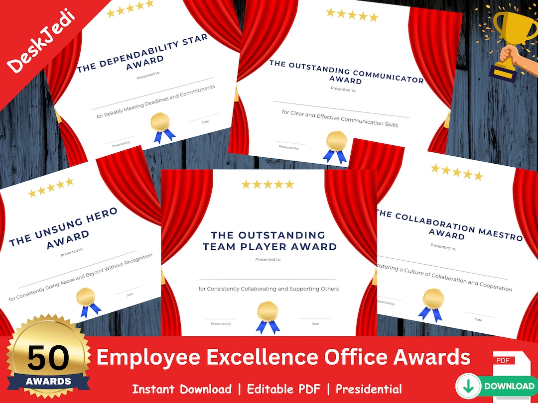 50 Employee Excellence Printable Certificate Office Awards - Boost ...