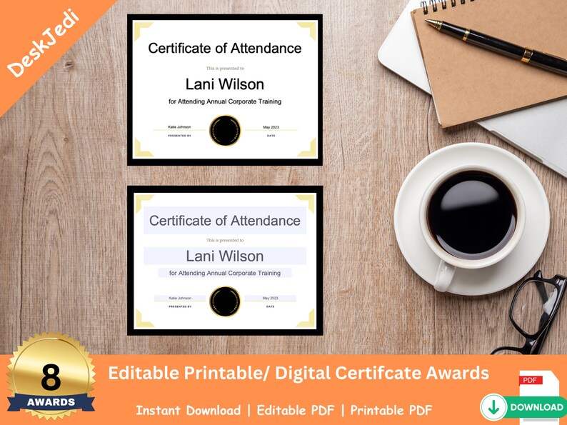 8 Editable Certificate Award Templates for Work or School - Etsy