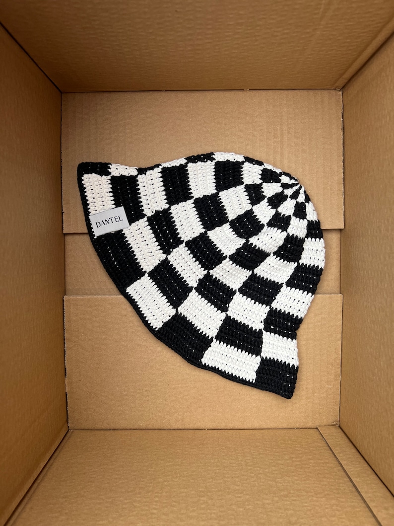 Handmade Checkered Pattern Bucket Hat, Custom Crochet Checkered Hat, Cotton, Recycle, Eco-friend ...