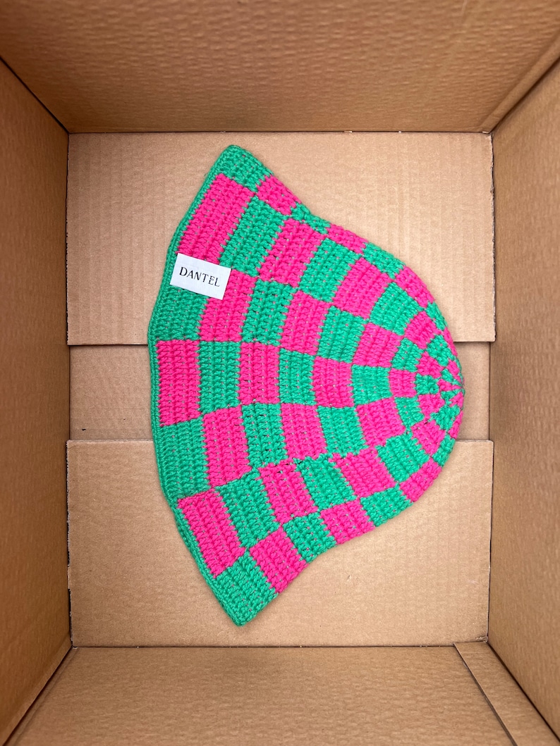 Handmade Checkered Pattern Bucket Hat, Custom Crochet Checkered Hat, Cotton, Recycle, Eco-friend ...