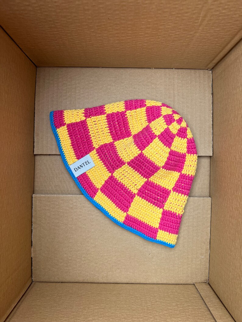 Handmade Checkered Pattern Bucket Hat, Custom Crochet Checkered Hat, Cotton, Recycle, Eco-friend ...