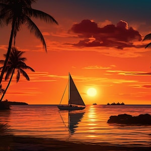 Digital Beach Scene With Backlit Sign, Sunset, Palm Trees & Sailboats ...