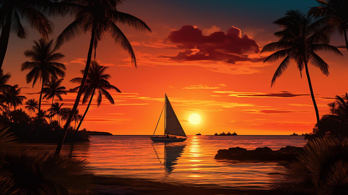 Digital Beach Scene With Backlit Sign, Sunset, Palm Trees & Sailboats ...