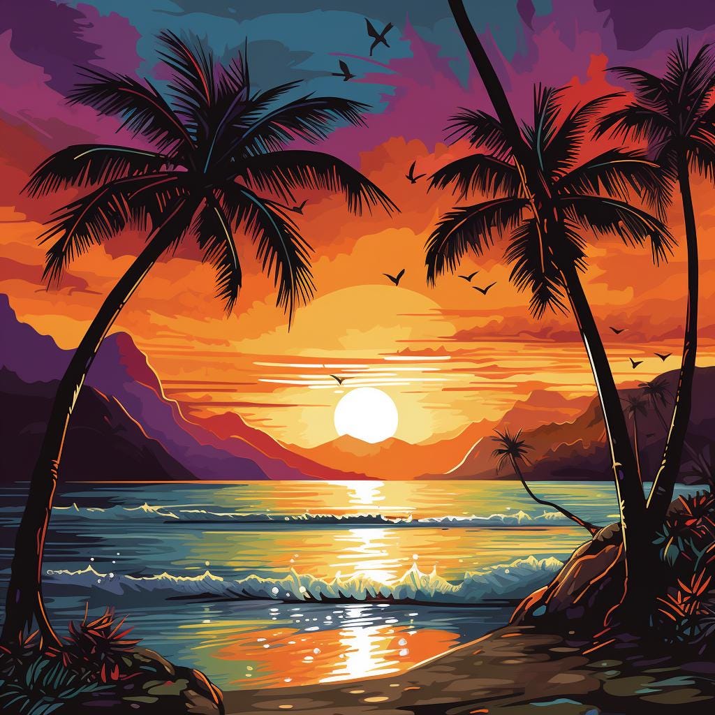 Digital Beach Scene With Backlit Sign, Sunset, Palm Trees & Sailboats ...