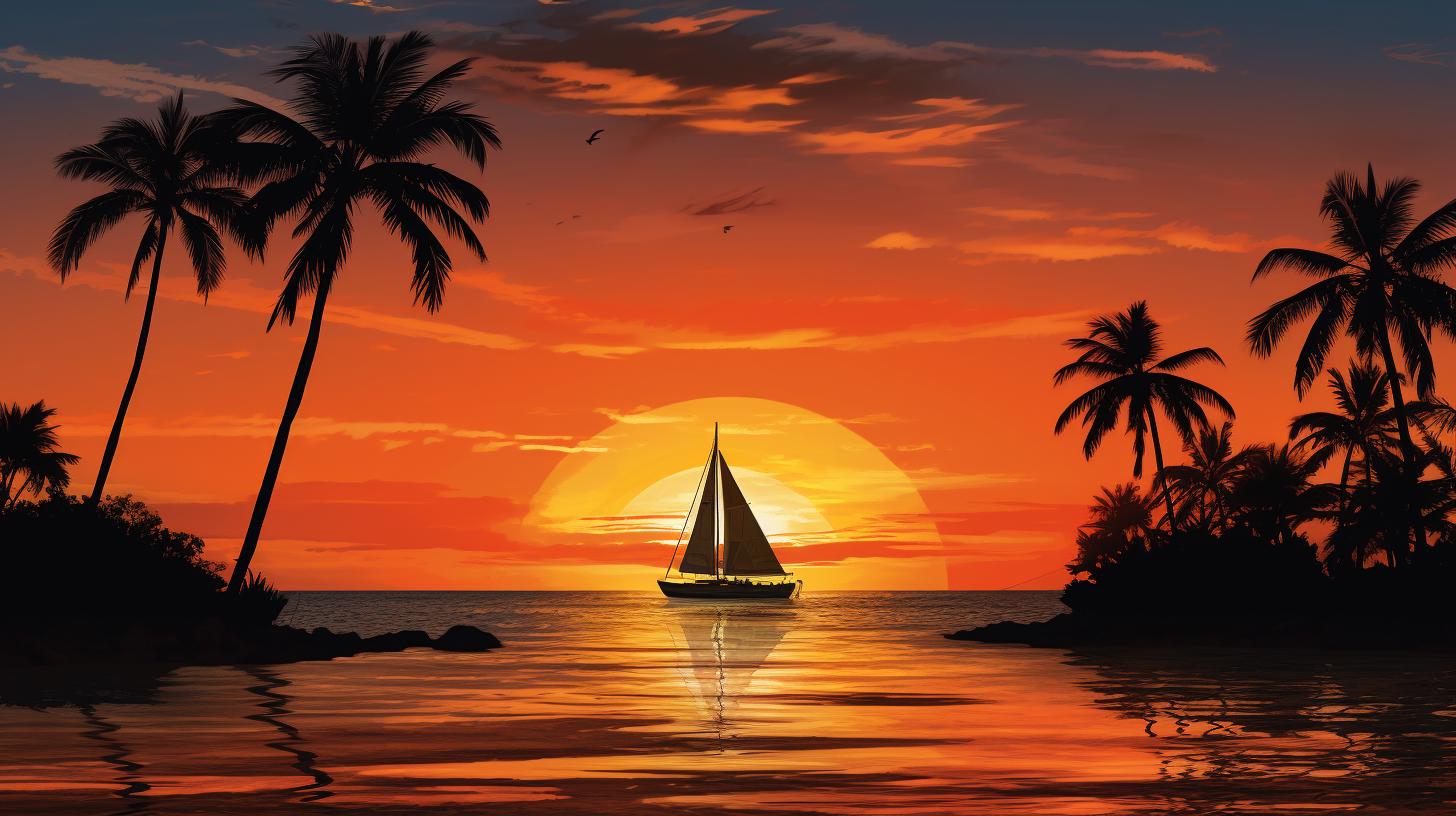 Digital Beach Scene With Backlit Sign, Sunset, Palm Trees & Sailboats ...