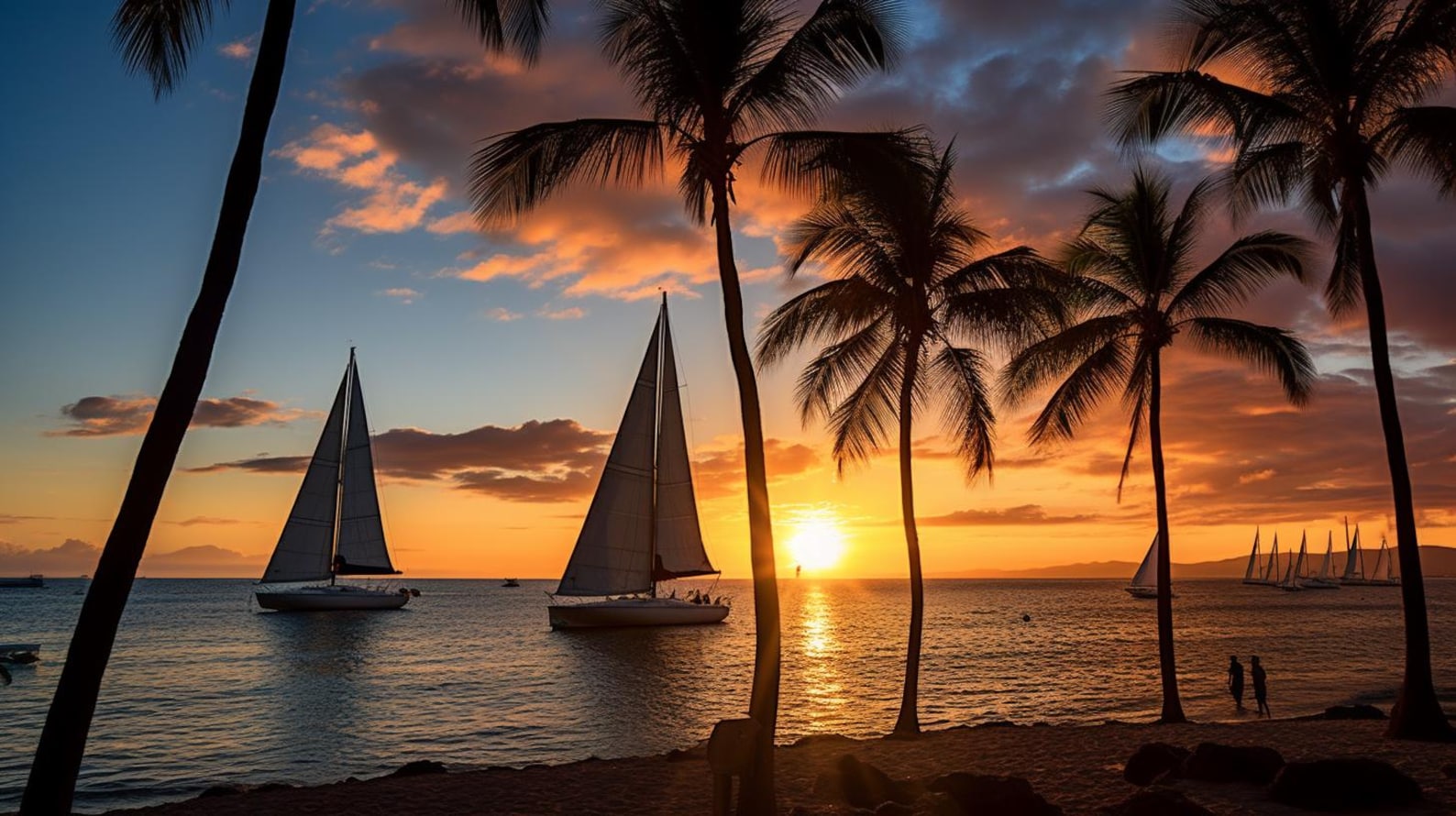 Digital Beach Scene With Backlit Sign, Sunset, Palm Trees & Sailboats ...