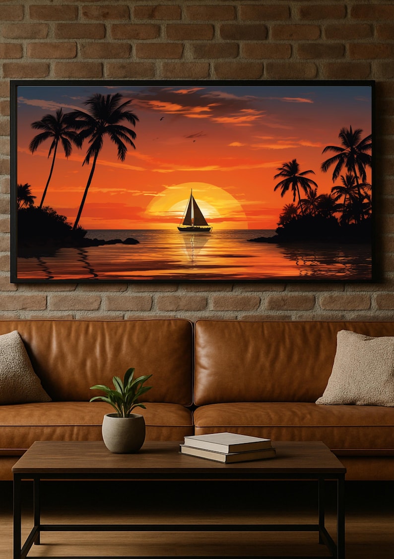Digital Beach Scene With Backlit Sign, Sunset, Palm Trees & Sailboats ...