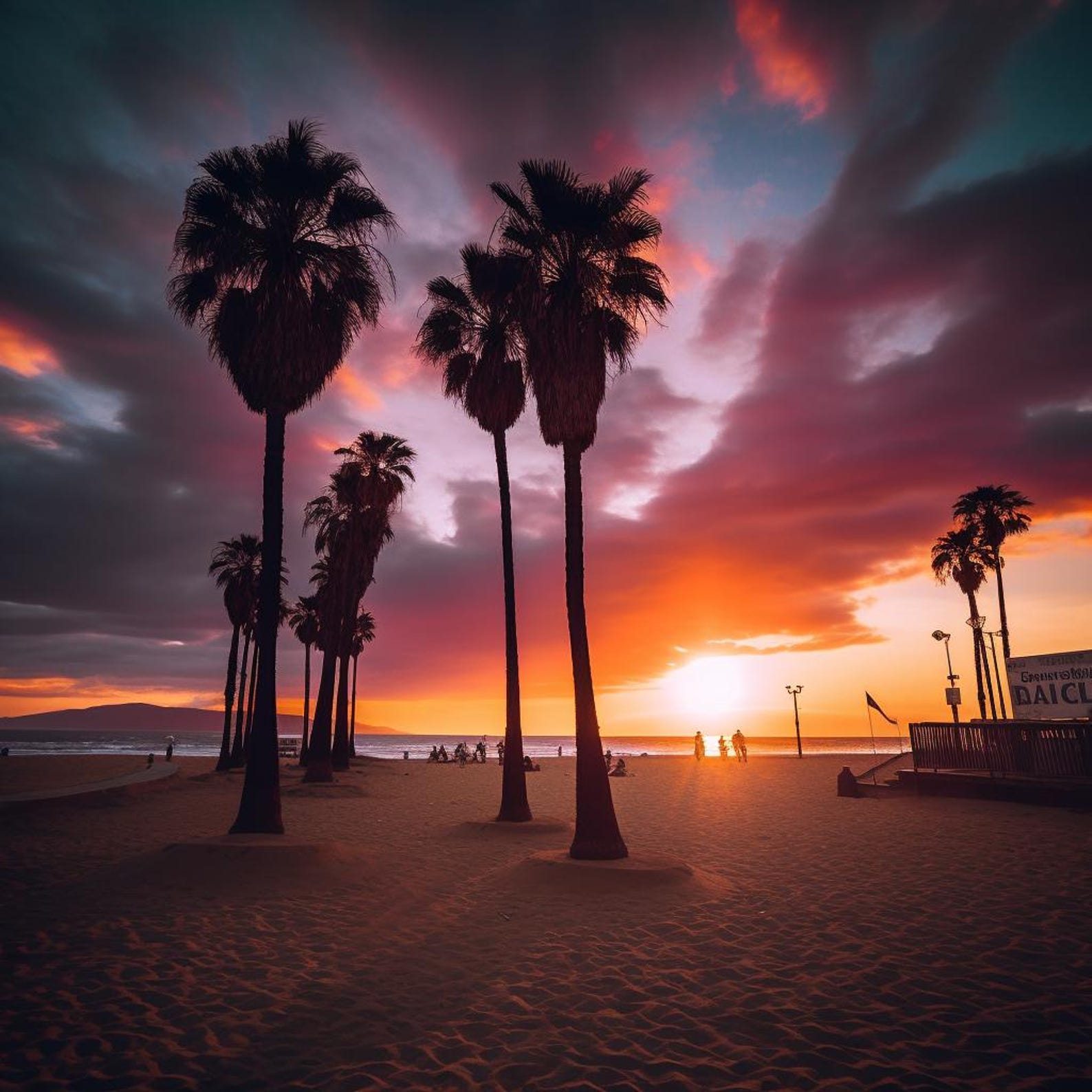Digital Beach Scene With Backlit Sign, Sunset, Palm Trees & Sailboats ...