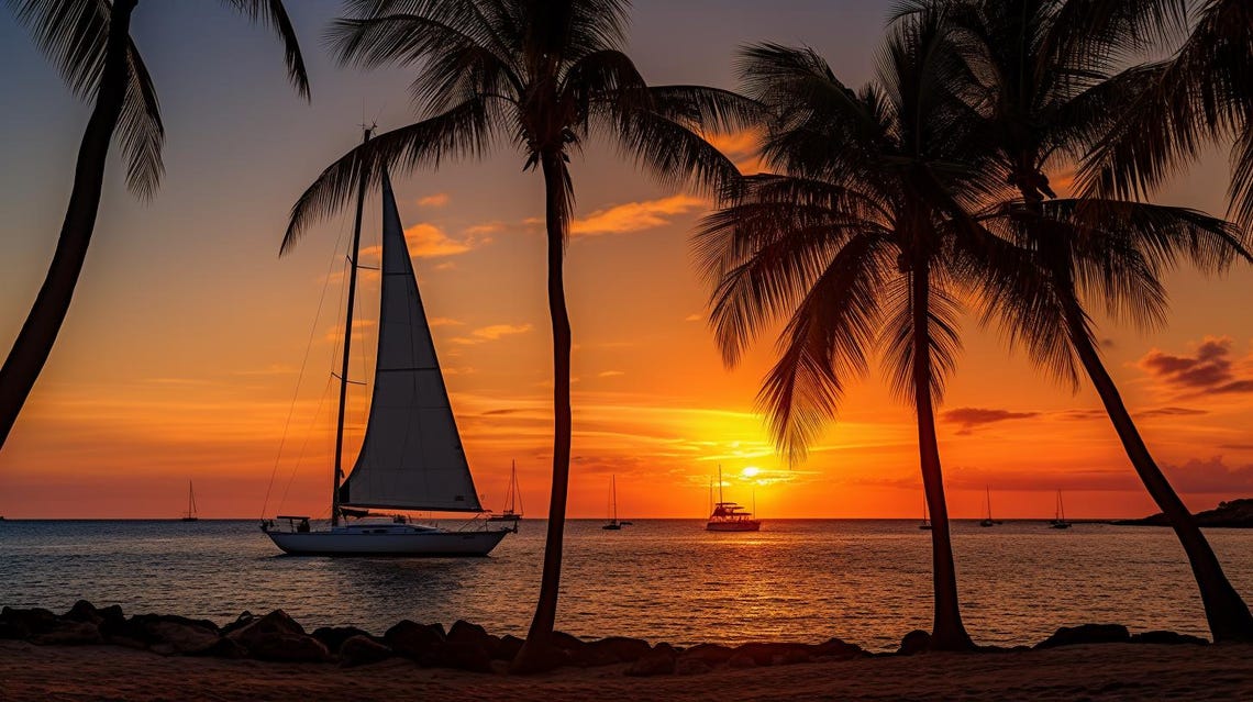 Digital Beach Scene With Backlit Sign, Sunset, Palm Trees & Sailboats ...