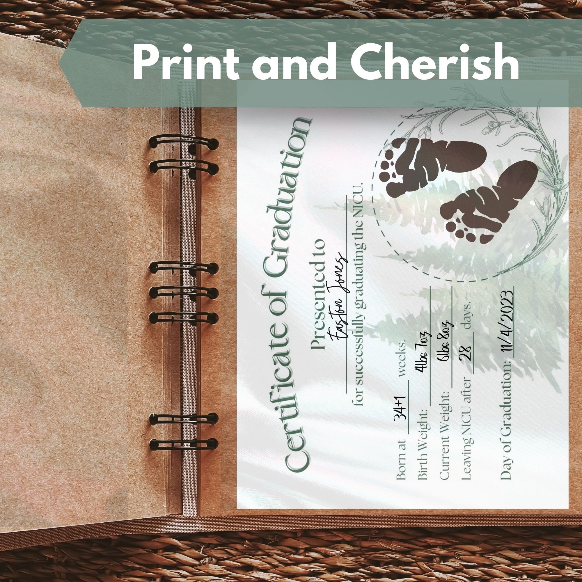 NICU Graduation Certificate NICU Woodland Baby Milestone Preemie ...