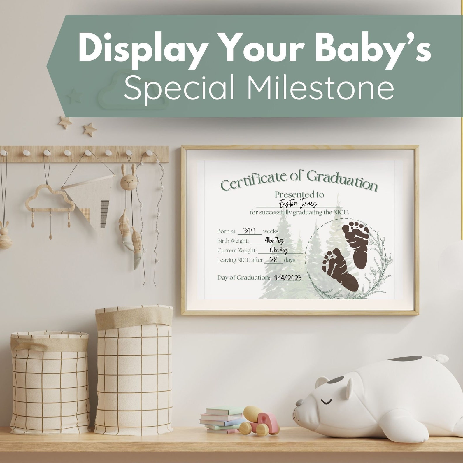NICU Graduation Certificate NICU Woodland Baby Milestone Preemie ...