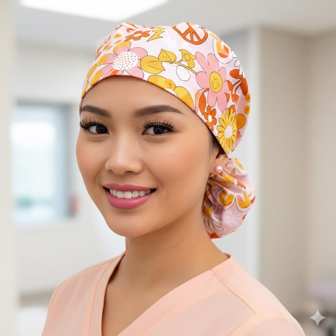Large, Retro Bold Floral Satin Lined Scrub Hat, Protect Hair W/satin ...