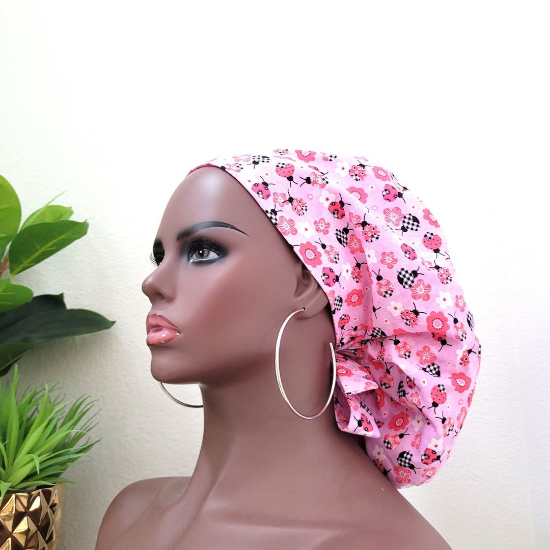 Large, Pretty in Pink Ladybugs,satin Lined Scrub Hat, Protect Hair W ...