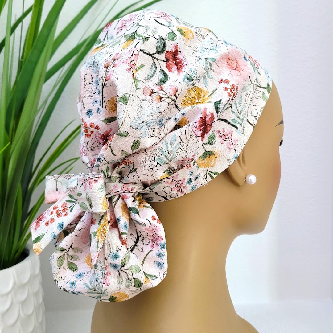 Large, Floral Satin Lined Scrub Hat, Protect Hair W/satin Lined ...