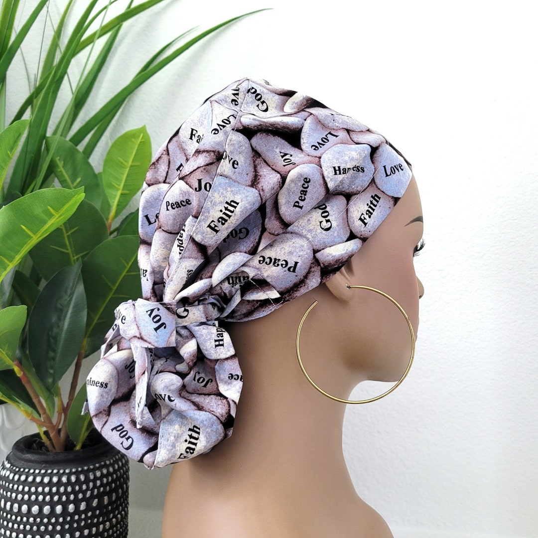 Medium Peace/faith/god/joy Satin Lined Scrub Hat, Protect Hair W/satin ...