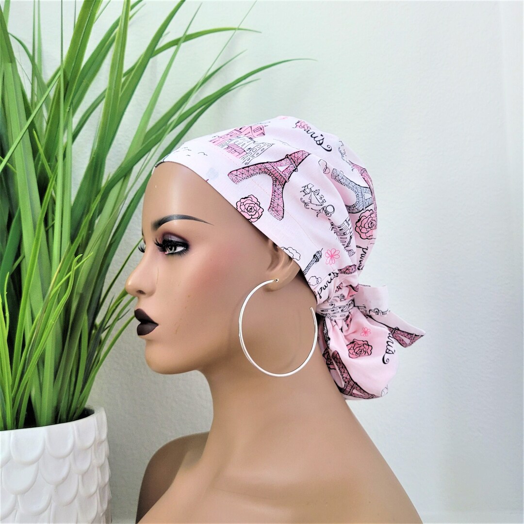 Small Pink Paris Scrub Cap, Protect Hair W/satin Lined Ponytail Scrub ...