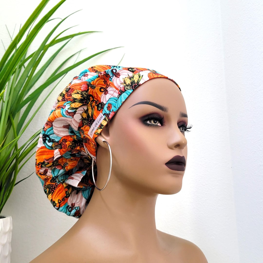 Large Pumpkin Patch Satin Lined Scrub Hat, Protect Hair W/satin Lined ...