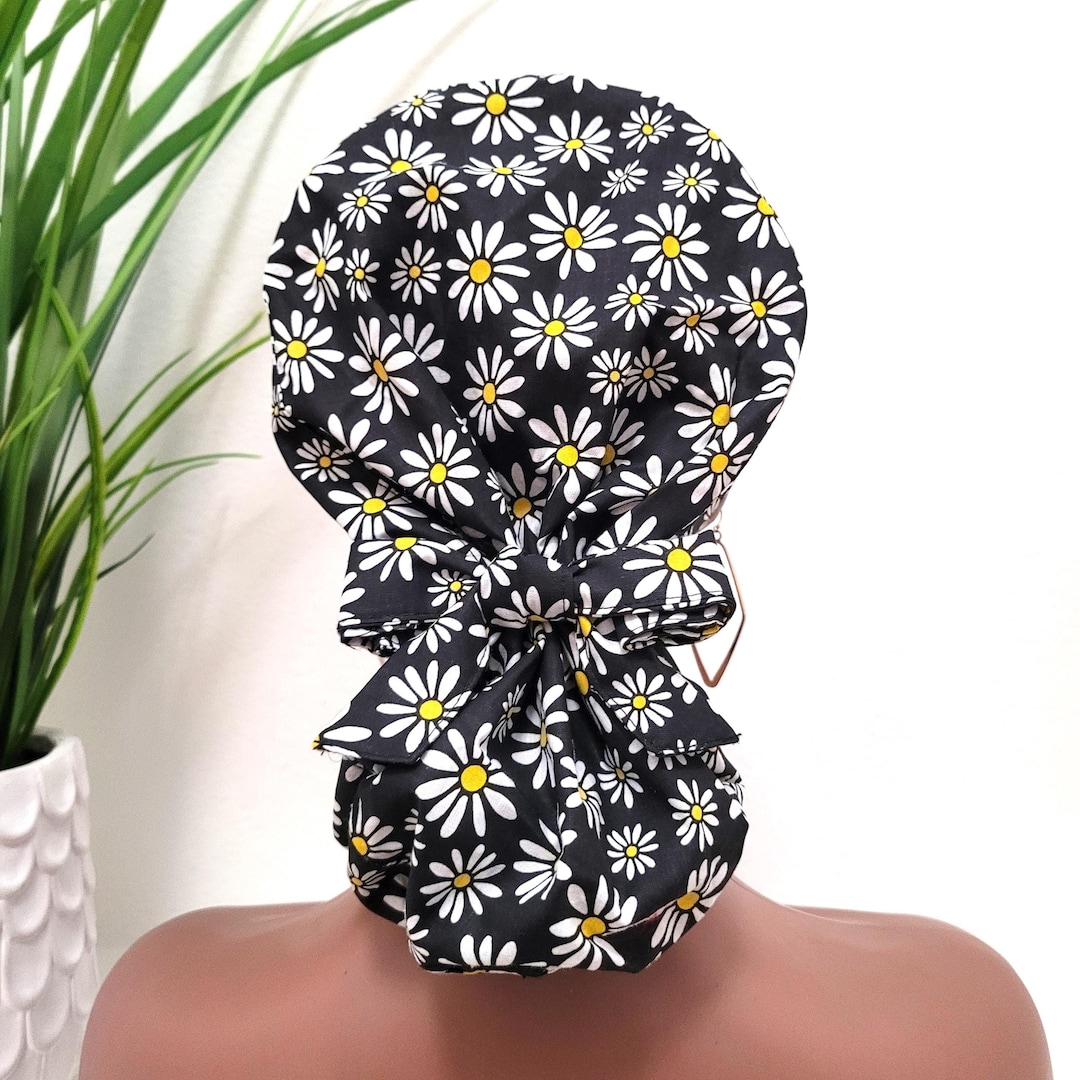 Small, Satin Lined Scrub Hat, Daisy Party, Protect Hair W/satin Lined ...